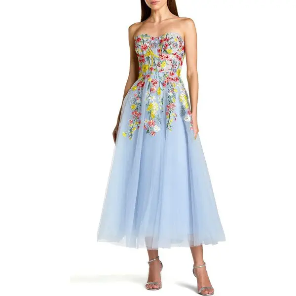 Mac Duggal Floral Embroidered A-line Midi Dress - Periwinkle Multi