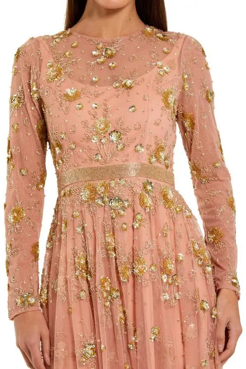 Mac Duggal Beaded Long Sleeve A-line Midi Dress