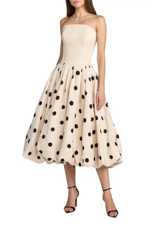 Mac Duggal Strapless Polka Dot Crepe Bubble Skirt Midi Dress - Ecru Multi