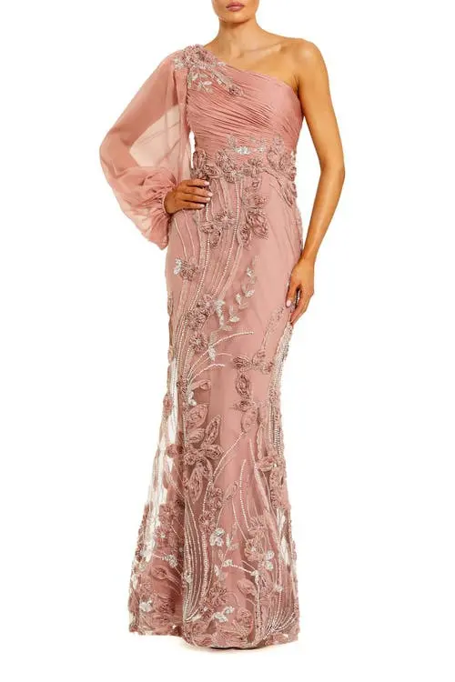 Mac Duggal One-shoulder Gown With Embroidered Floral Skirt - Mocha