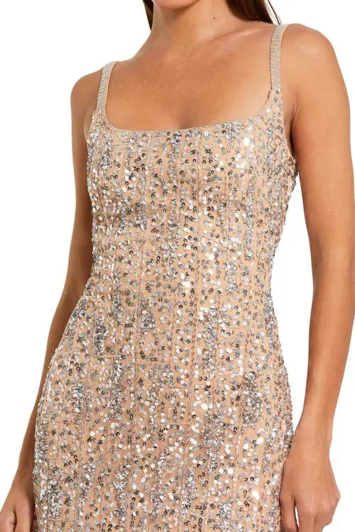 Mac Duggal Sequin Embellished Scoop Neck Sheath Gown - Nude Silver