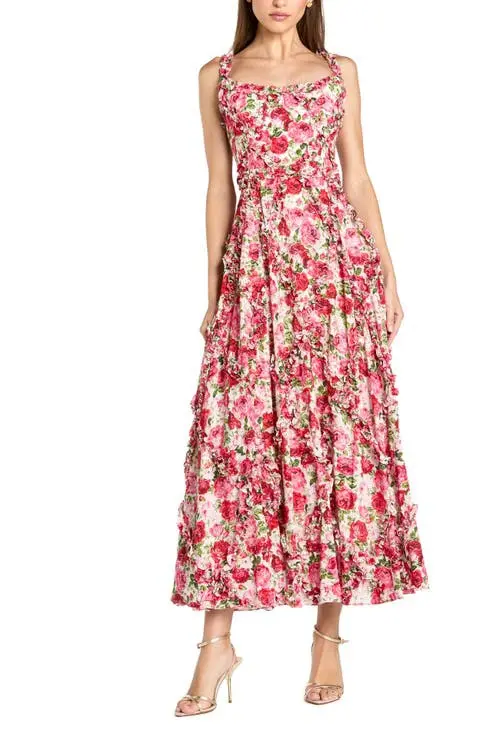 Mac Duggal Floral Cotton Ruffle Square Neck Ankle Dress - Pink Multi