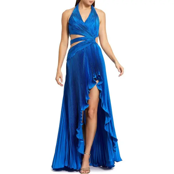 Mac Duggal Halter Neck Pleated Charmeuse Cut Out Gown - Cobalt