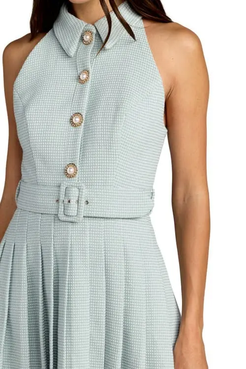 Mac Duggal Bouclé Sleeveless Pleated Mini Dress - Sage