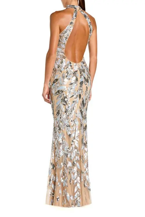 Mac Duggal Sequin Halter Column Gown With Open Back