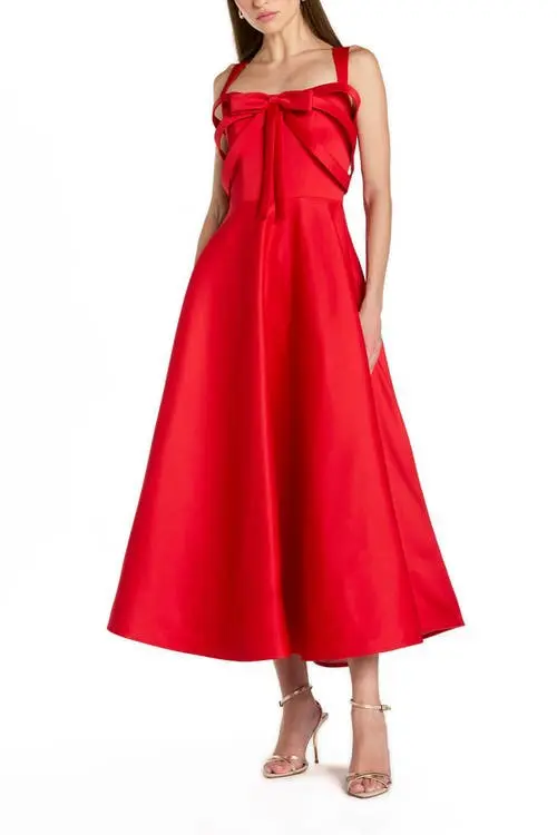 Mac Duggal Satin A-line Ankle Dress With Bow - Red