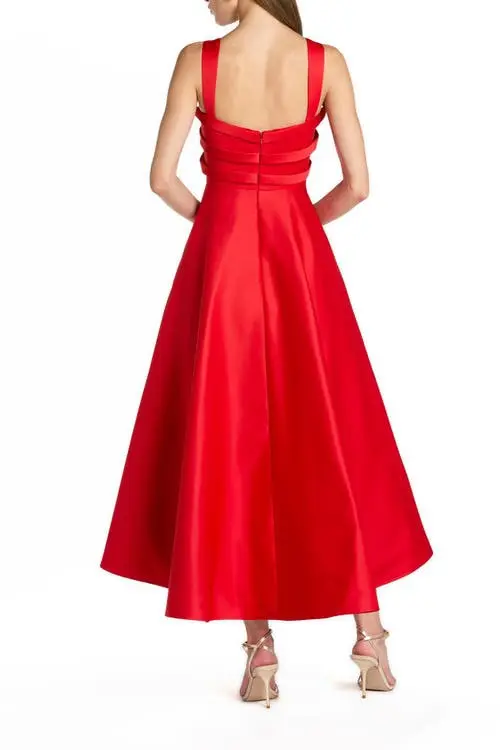 Mac Duggal Satin A-line Ankle Dress With Bow - Red