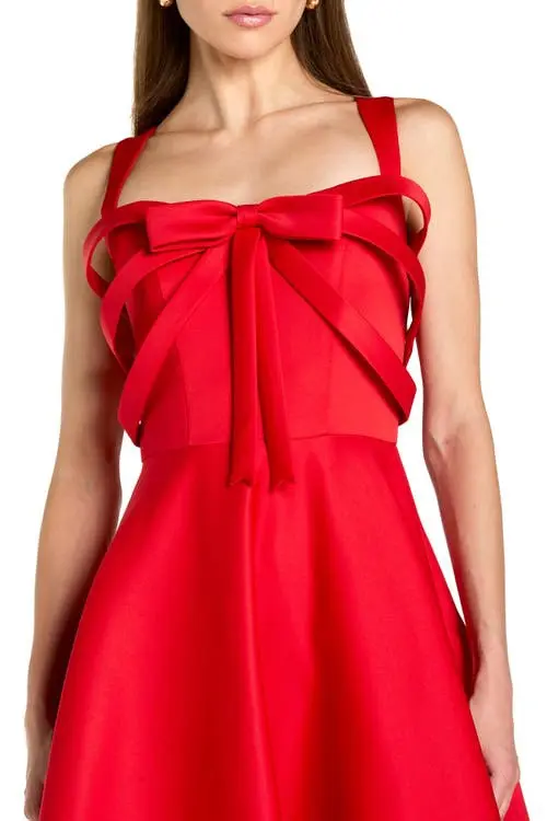 Mac Duggal Satin A-line Ankle Dress With Bow - Red