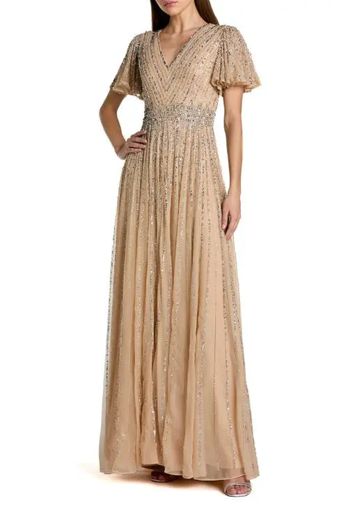 Mac Duggal Hand Embellished V-neck Gown - Nude Silver