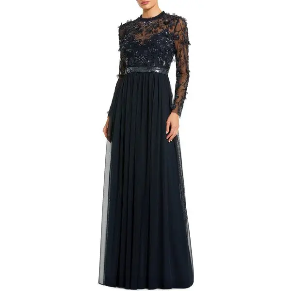 Mac Duggal Embellished Illusion High Neck Long Sleeve Gown - Plum