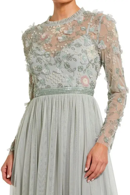 Mac Duggal Embellished Illusion High Neck Long Sleeve Gown - Sage