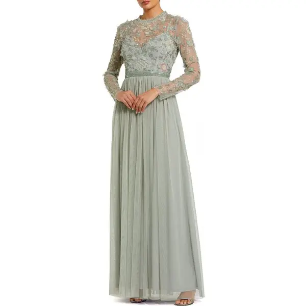 Mac Duggal Embellished Illusion High Neck Long Sleeve Gown - Sage