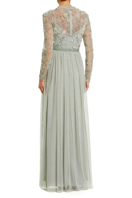 Mac Duggal Embellished Illusion High Neck Long Sleeve Gown - Sage