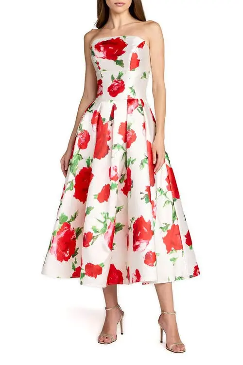 Mac Duggal Floral Printed A-line Midi Dress