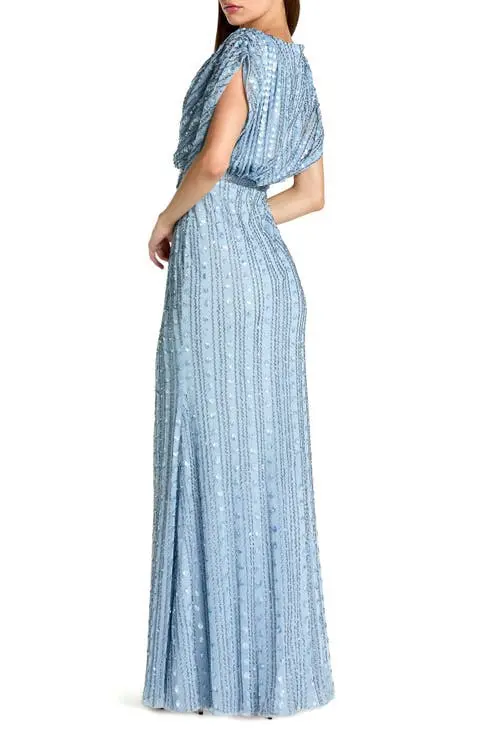 Mac Duggal Beaded Mesh Blouson V-neck Gown - Periwinkle