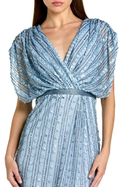 Mac Duggal Beaded Mesh Blouson V-neck Gown - Periwinkle