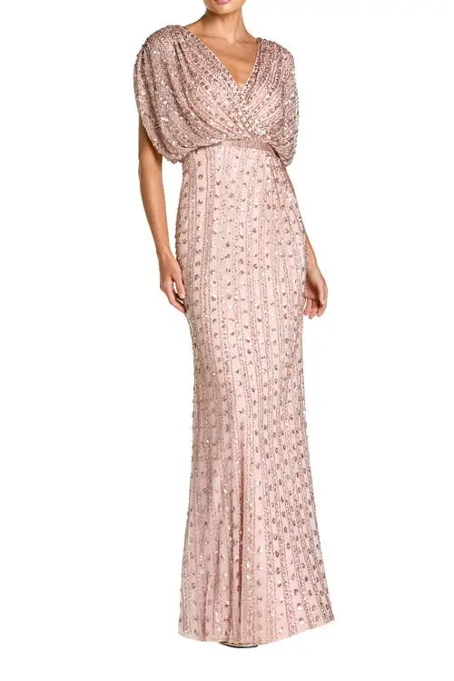 Mac Duggal Beaded Mesh Blouson V-neck Gown - Vintage Rose
