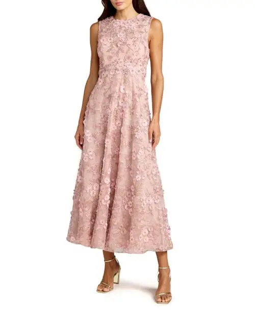 Mac Duggal Floral Embroidered High Neck Midi Dress - Rose