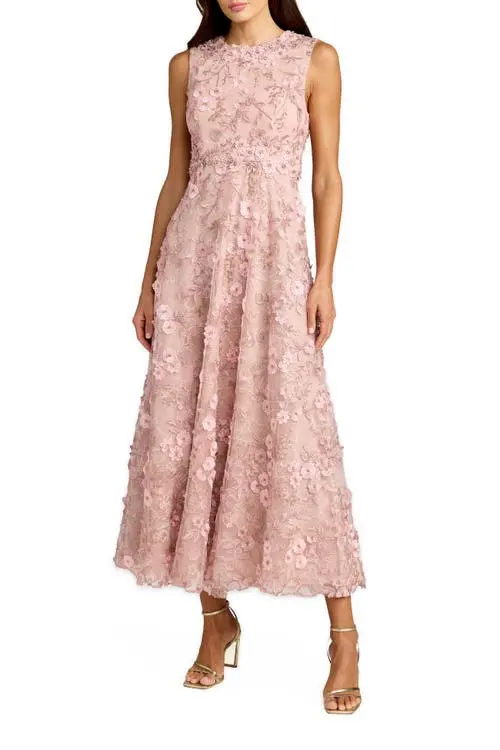 Mac Duggal Floral Embroidered High Neck Midi Dress - Rose