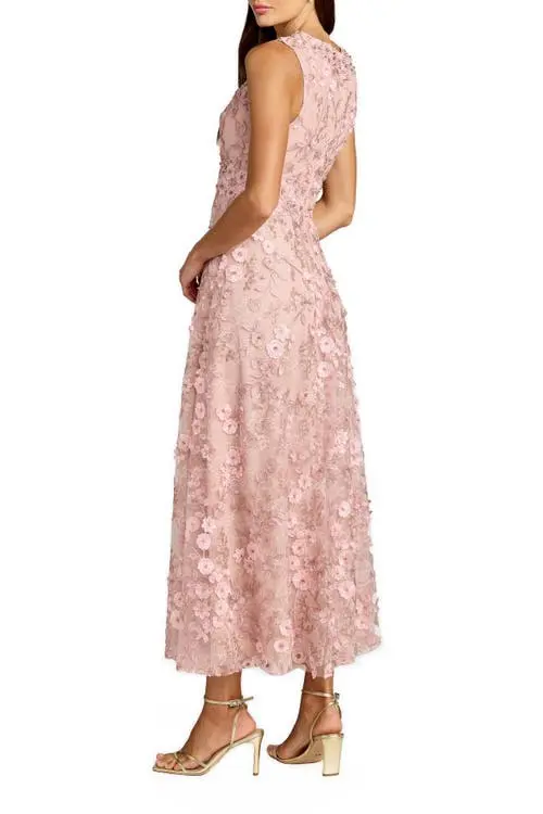 Mac Duggal Floral Embroidered High Neck Midi Dress - Rose