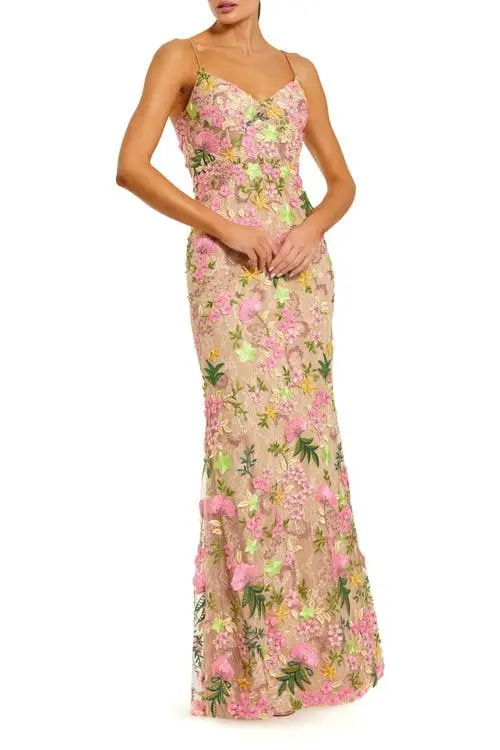 Mac Duggal Floral Embroidered Column Gown - Nude Multi