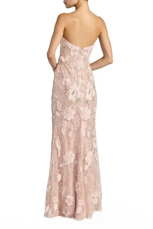Mac Duggal Floral Beaded Mesh Strapless Column Gown