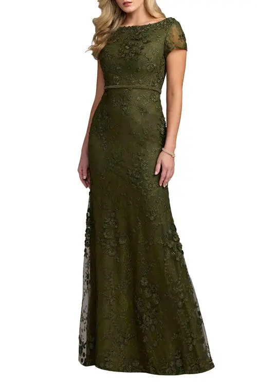 Mac Duggal Floral Appliqué Boat Neck Cap Sleeve Gown - Olive