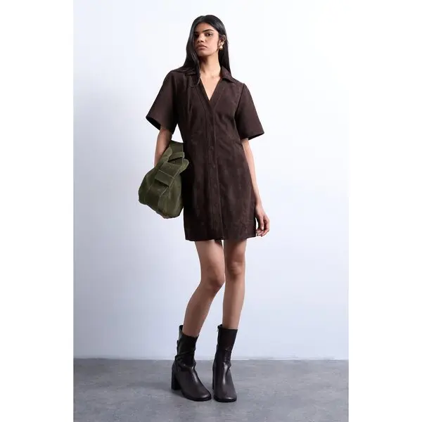 Topshop Suede Mini Shirtdress - Brown