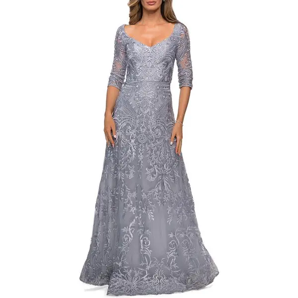 La Femme Embroidered Lace A-line Gown - Silver