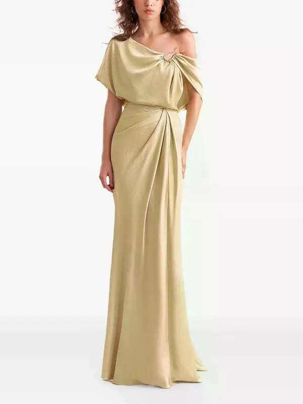 GEMY MAALOUF Asymmetrical Draped Maxi Dress With Gold Buckle