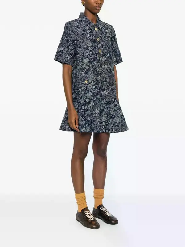 GANNI Buttoned Floral Print Short Sleeve Dress