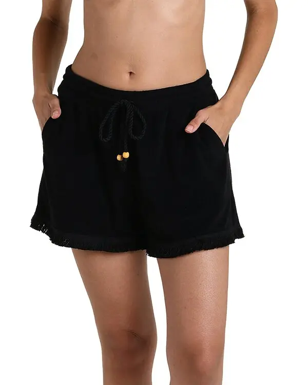 La Blanca Terry Cloth Beach Shorts With Drawstring Waist And Frayed Hem - Black