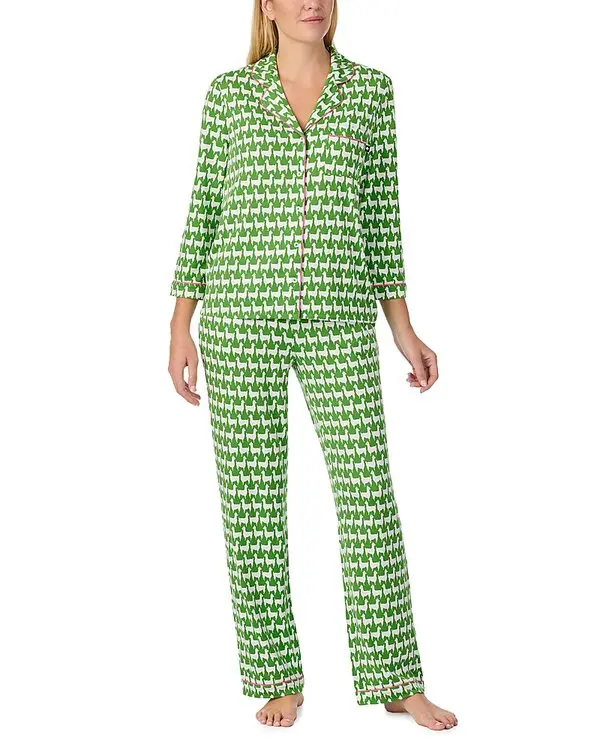 Kate Spade New York Brushed Jersey Three Quarter Sleeve Pajama Set - Green Print