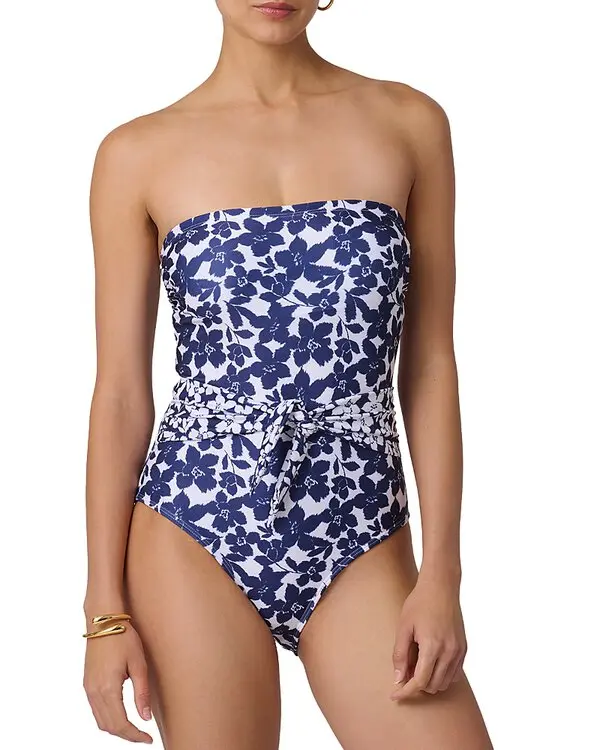 Shoshanna Tie Belt Strapless One Piece Swimsuit - Navy/ivory