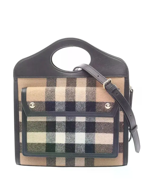 Burberry 2000-2017 Mini Check Cashmere And Leather Pocket Tote Satchel - Brown