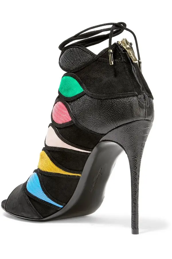 FERRAGAMO Felicity Paneled Suede And Croc-effect Leather Sandals