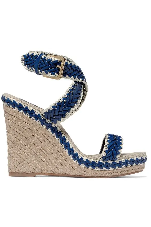 Tory Burch Lilah Leather And Linen Wedge Sandals - Bright Blue