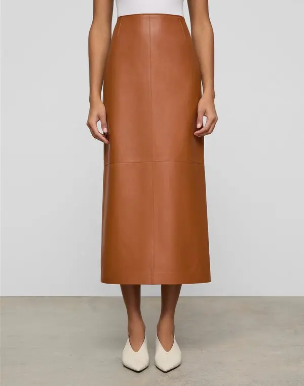 Lafayette 148 New York Nappa Leather Midi Pencil Skirt - Copper