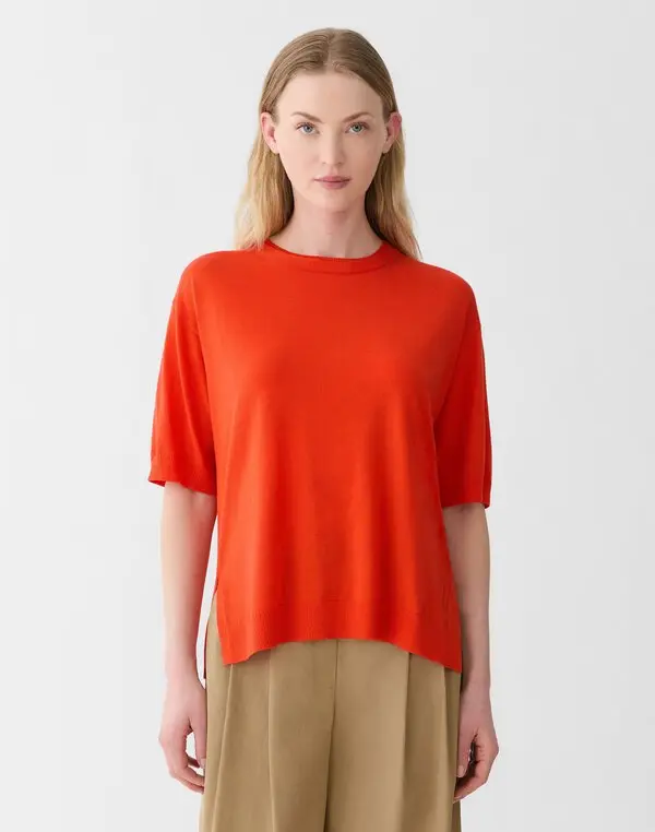 Lafayette 148 New York Short Sleeve Merino Wool Crewneck Sweater - Orange Poppy