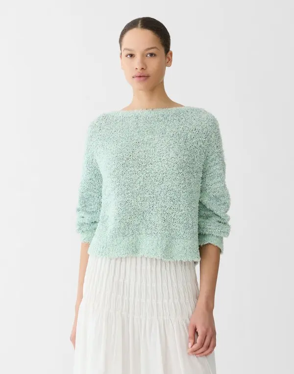 Lafayette 148 New York Cotton Sequin Fringed Crewneck Sweater - Aquamarine Multi