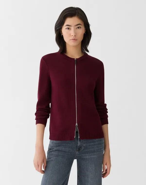 Lafayette 148 New York Cotton-silk Crewneck Bomber Cardigan - Aubergine