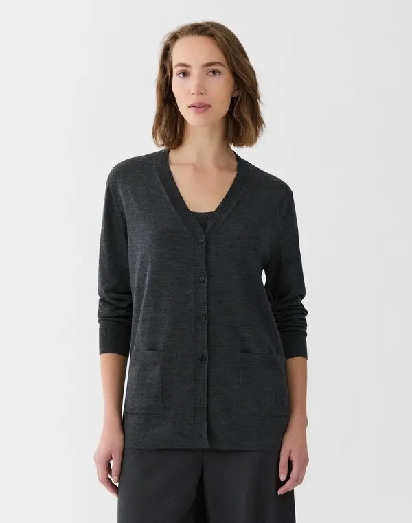 Lafayette 148 New York Petite Washable Merino Wool Button Front Cardigan - Smoke