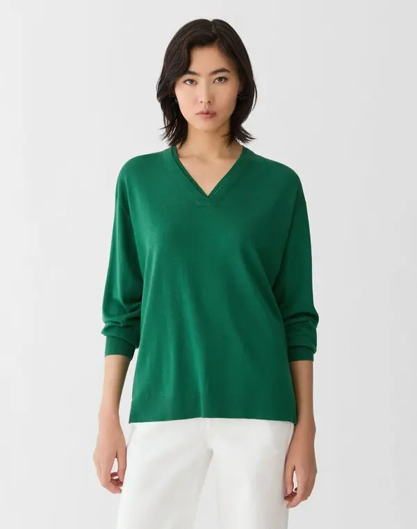 Lafayette 148 New York Petite Washable Merino Wool V-neck Sweater - Grass