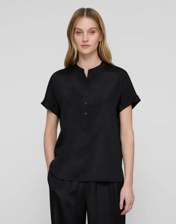 Lafayette 148 New York Organic Silk Stretch Georgette Henley Blouse - Black