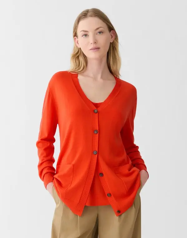 Lafayette 148 New York Washable Merino Wool Button Cardigan - Orange Poppy