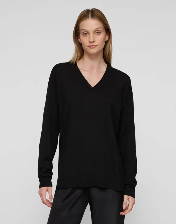 Lafayette 148 New York Washable Merino Wool V-neck Sweater - Black
