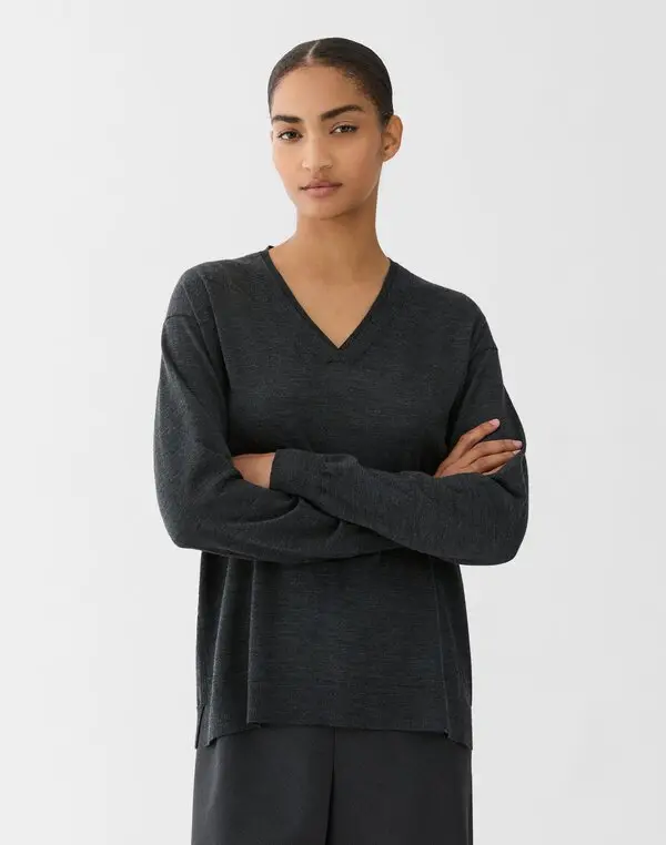 Lafayette 148 New York Washable Merino Wool V-neck Sweater - Smoke