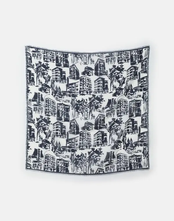 Lafayette 148 New York Cityscape Print Cotton Silk Scarf - Ink Multi