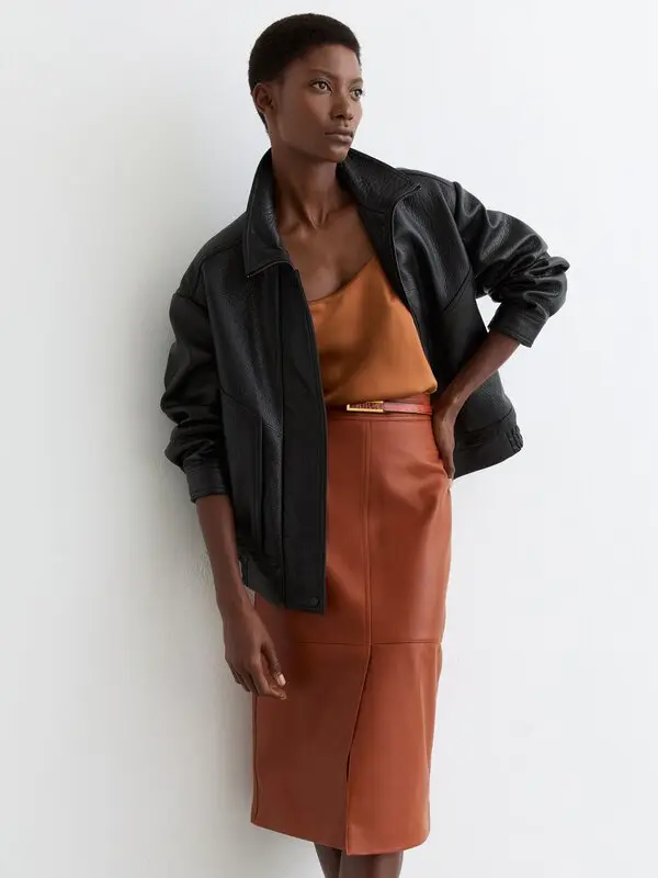 REISS Miley Leather Midi Pencil Skirt