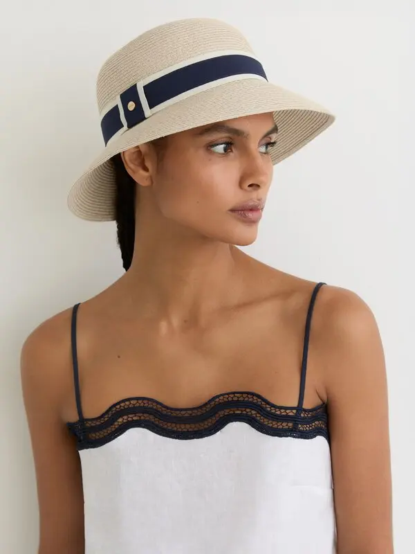 REISS Cindy Ribbon-trim Straw-effect Hat - Natural